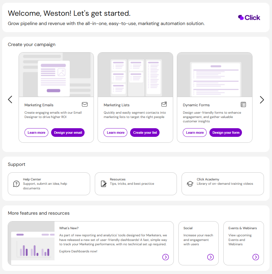 Getting Started Page – Click Support